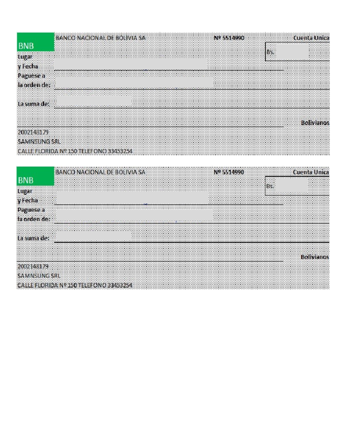 Cheques - tareas - BANCO NACIONAL DE BOLIVIA SA N° 5514990 Cuenta Unica ...