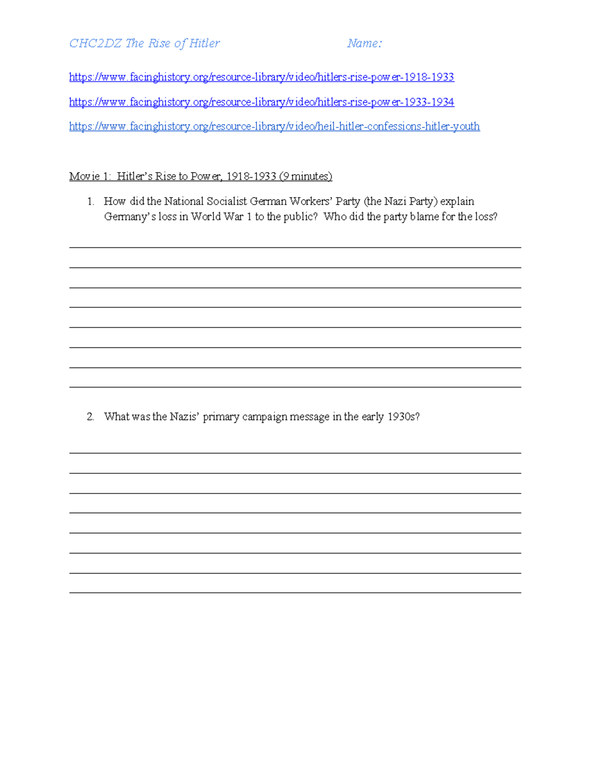 Hitler Movie Worksheet: Analyzing His Rise to Power (1918-1934) - Studocu