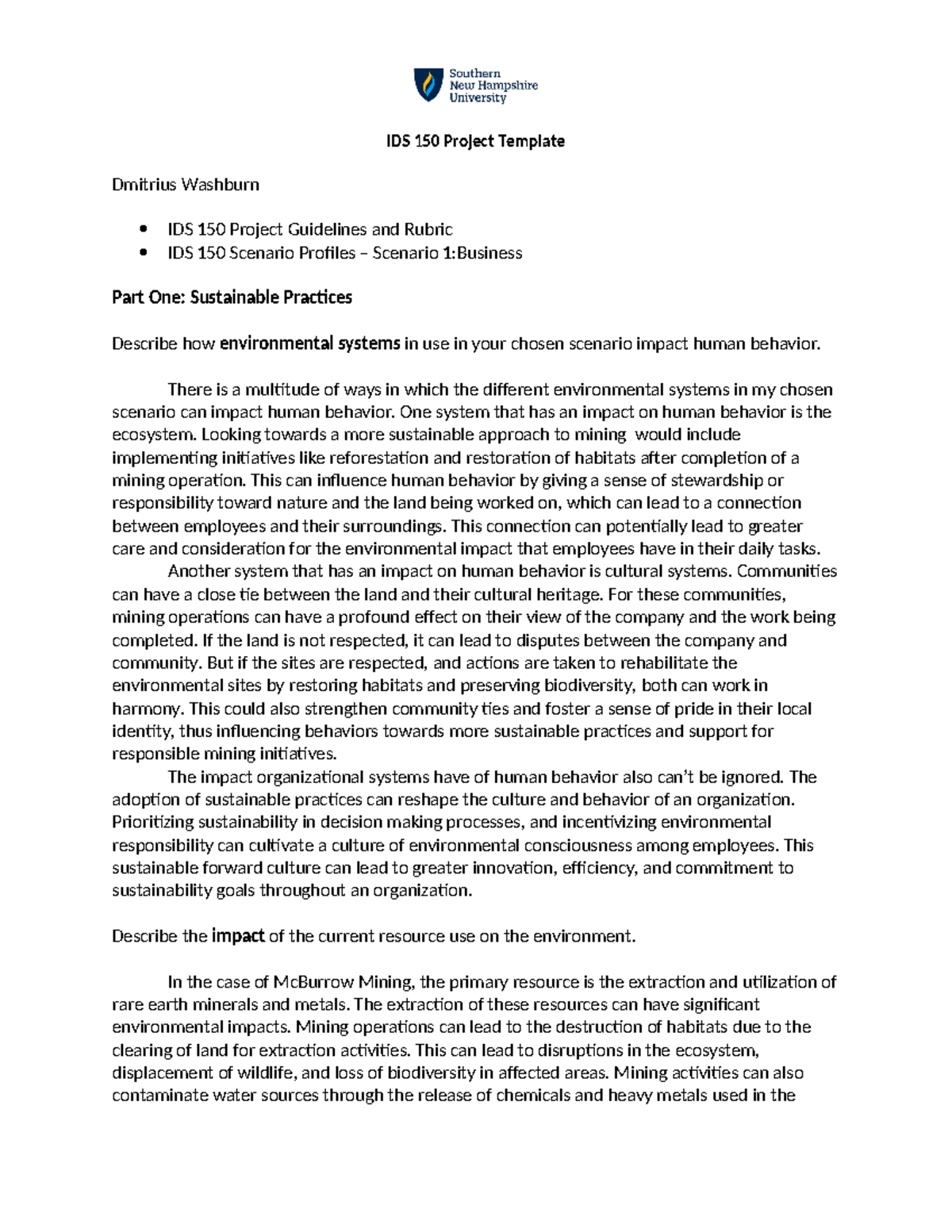 IDS 150 Project Template Part 2: Sustainable Practices and Human ...