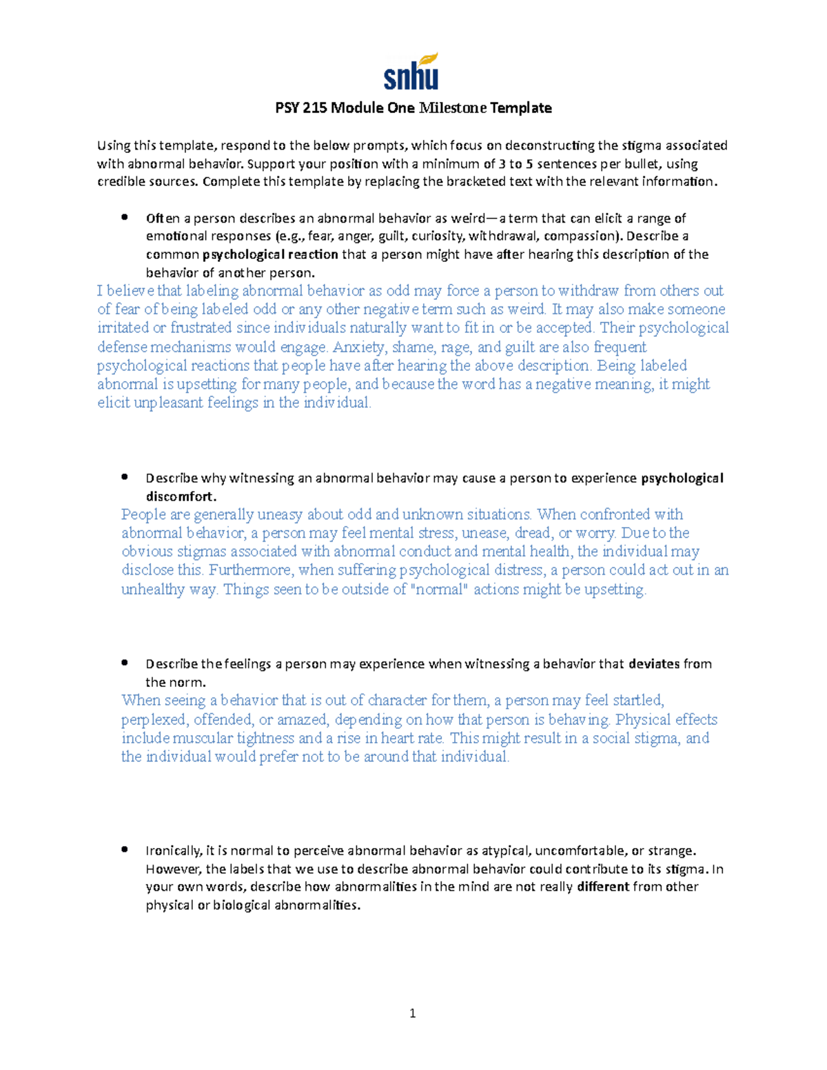 PSY 215 Module One Milestone Template - PSY 215 Module One Milestone ...