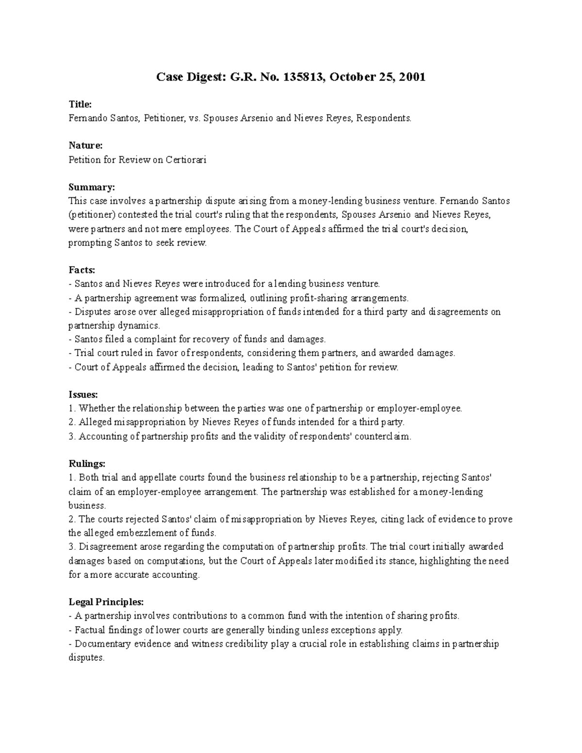 CASE Digest on Partnership Disputes: Key Rulings & Legal Principles ...