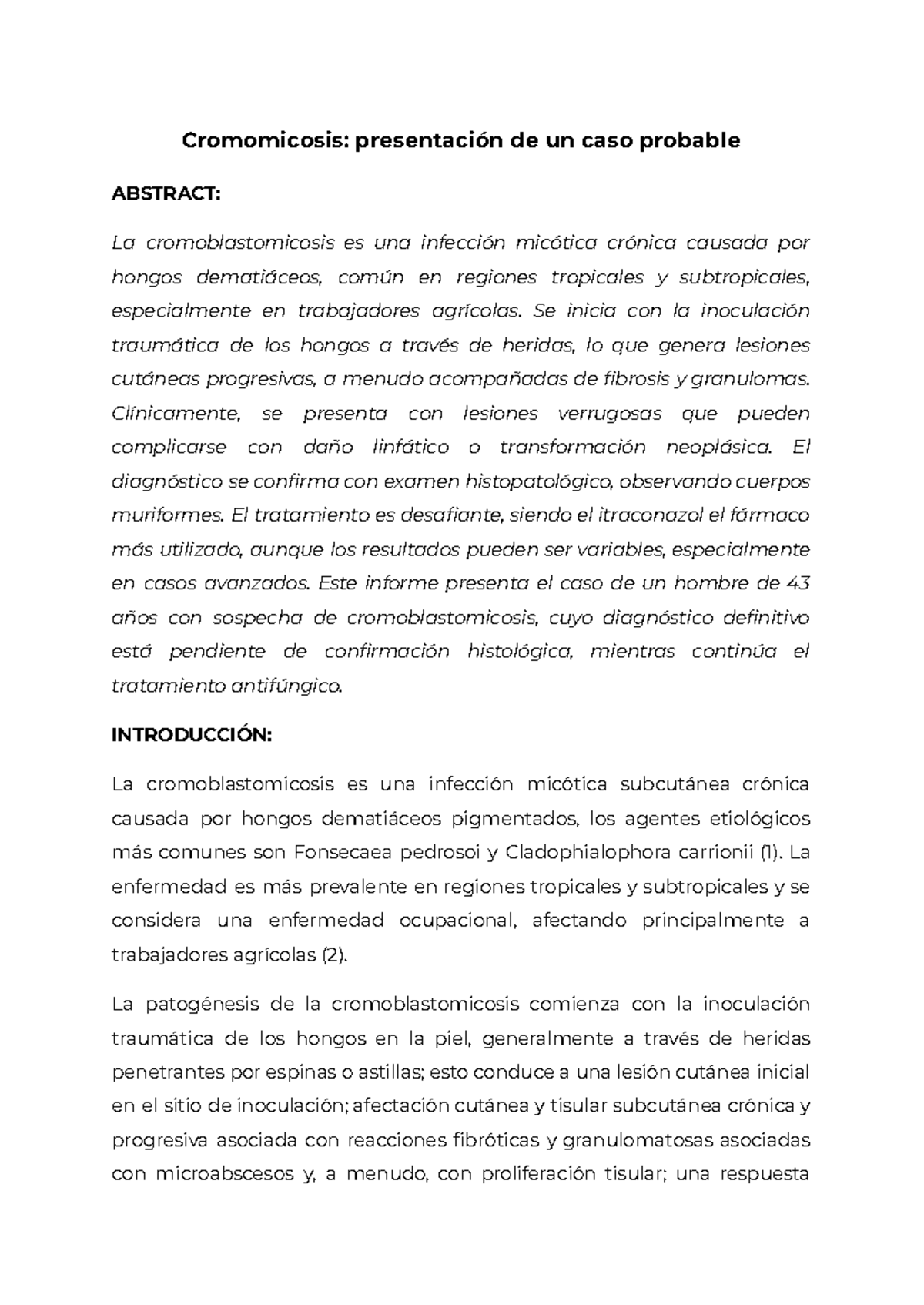 Cromomicosis: Presentación de un Caso Clínico y Tratamiento - Studocu