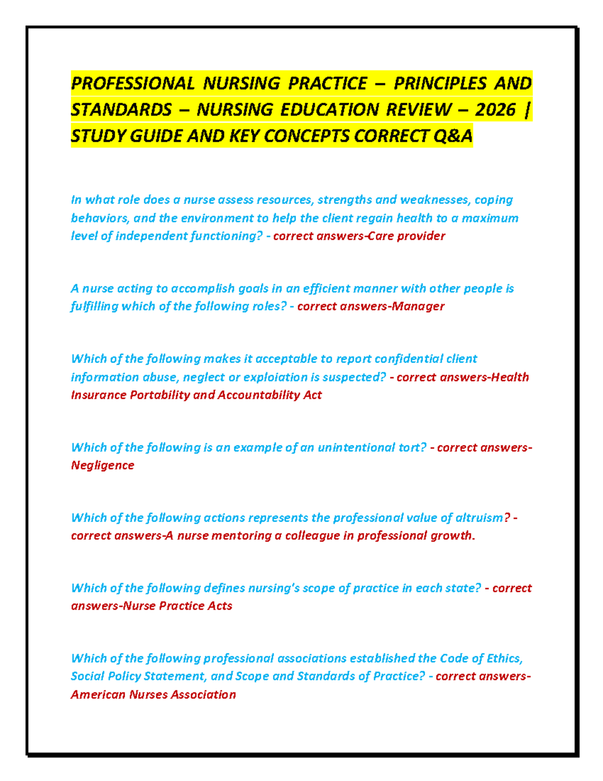 NURSING 2026: Professional Practice Principles & Standards Study Guide ...