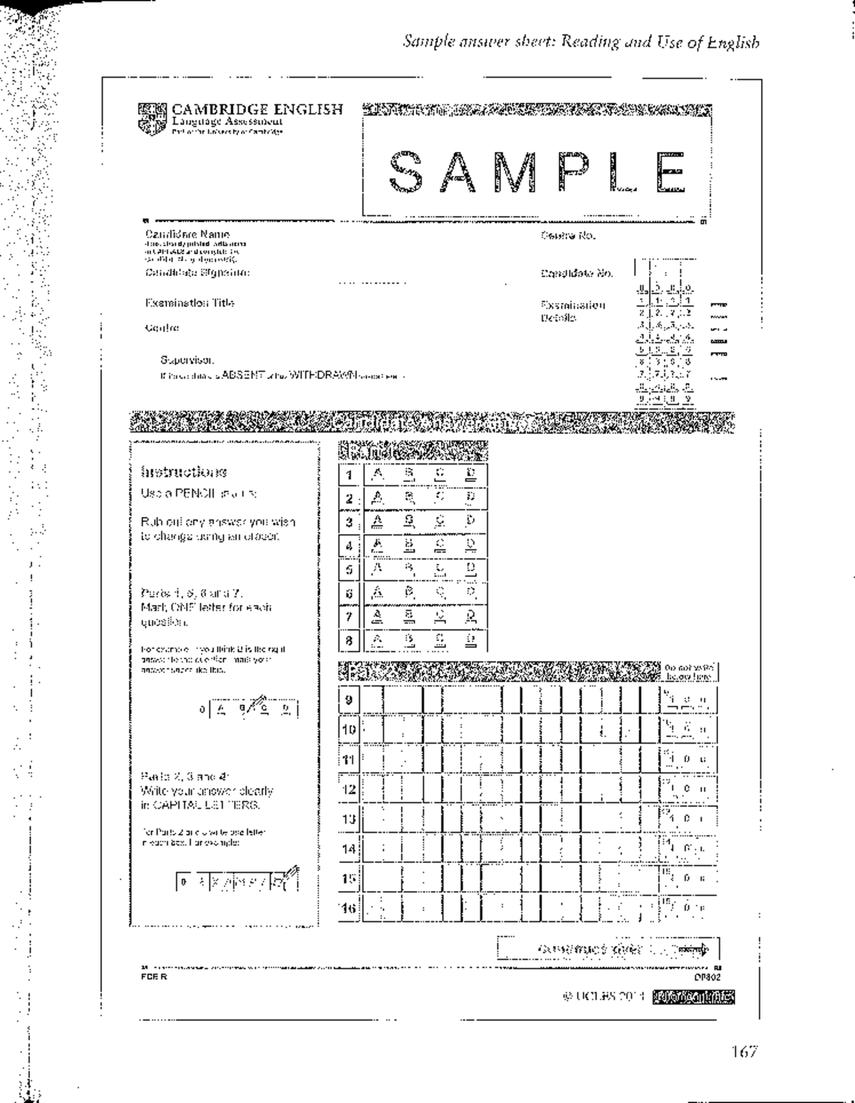 FCE DP802 Answer Sheet: Reading and Use of English Guidelines - Studocu