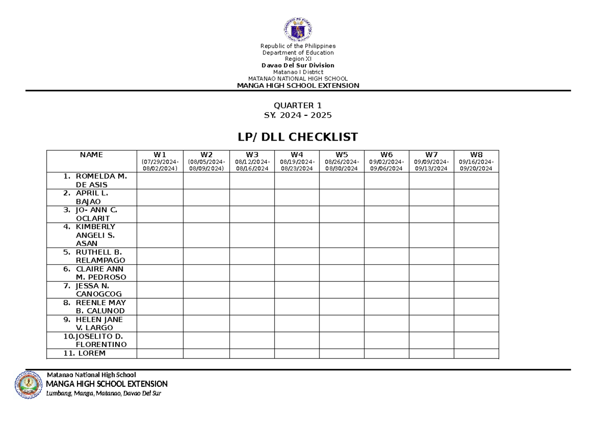 LP/DLL Checklist and Analysis for Quarter 1, SY 2024-2025 - Studocu