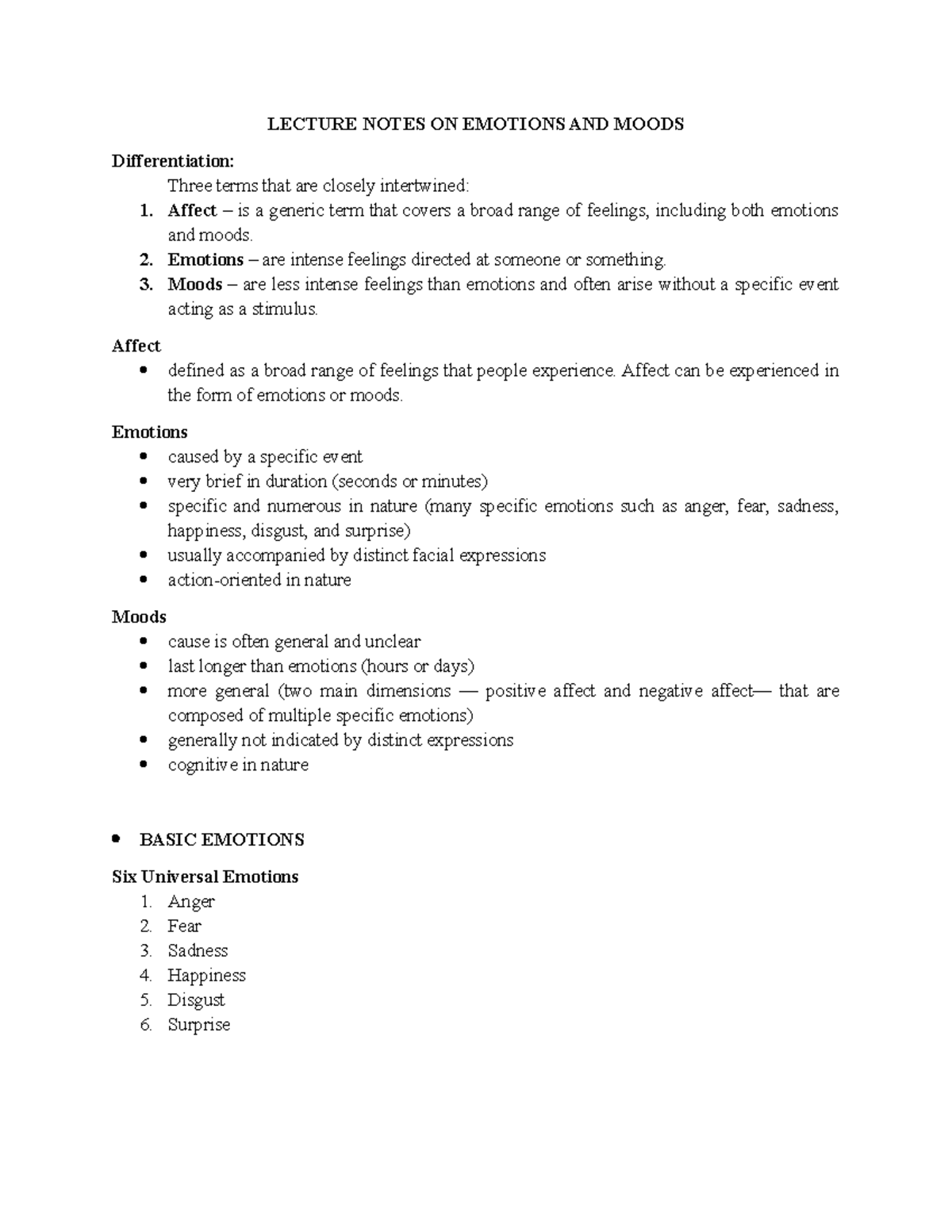 HBO C5: Comprehensive Lecture Notes on Emotions & Moods - Studocu