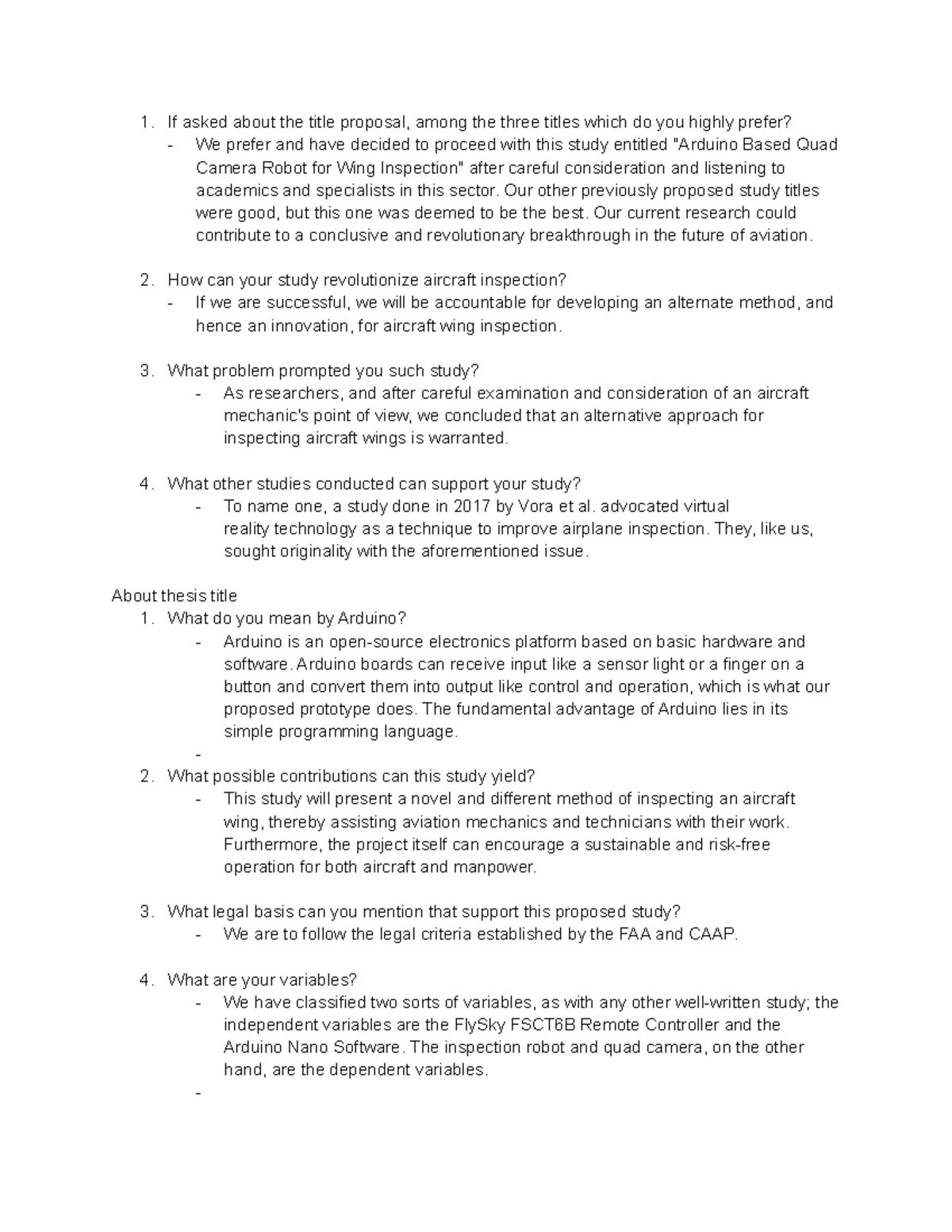 Defense Questions for Arduino-Based Quad Camera Wing Inspection Study ...