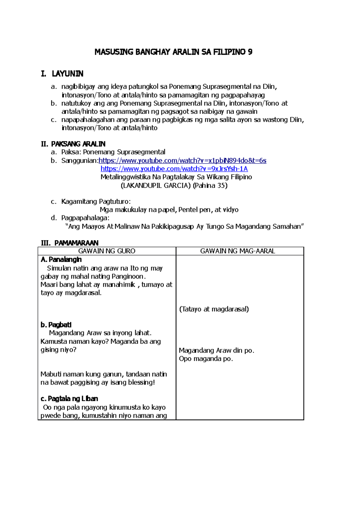 ELLA Lesson Plan: Ponemang Suprasegmental for Filipino 9 - Studocu