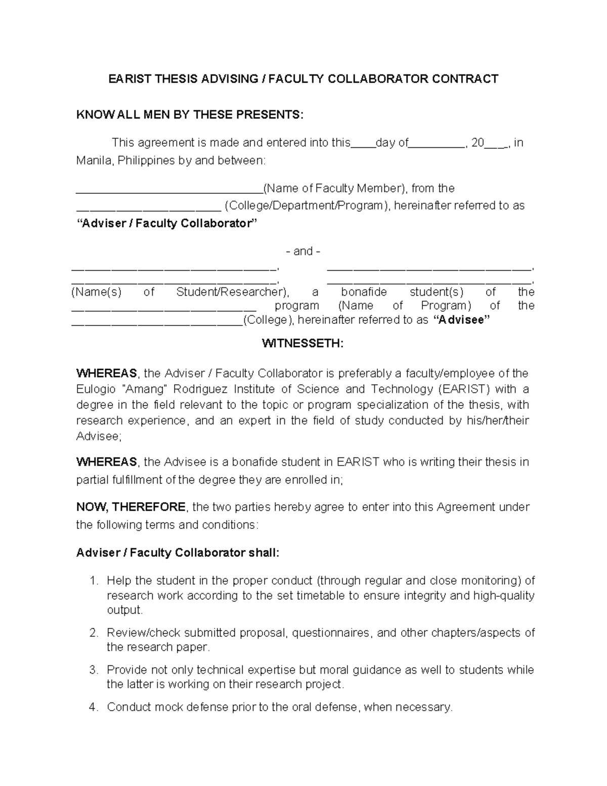 EARIST THESIS ADVISING FACULTY COLLABORATOR CONTRACT - Studocu