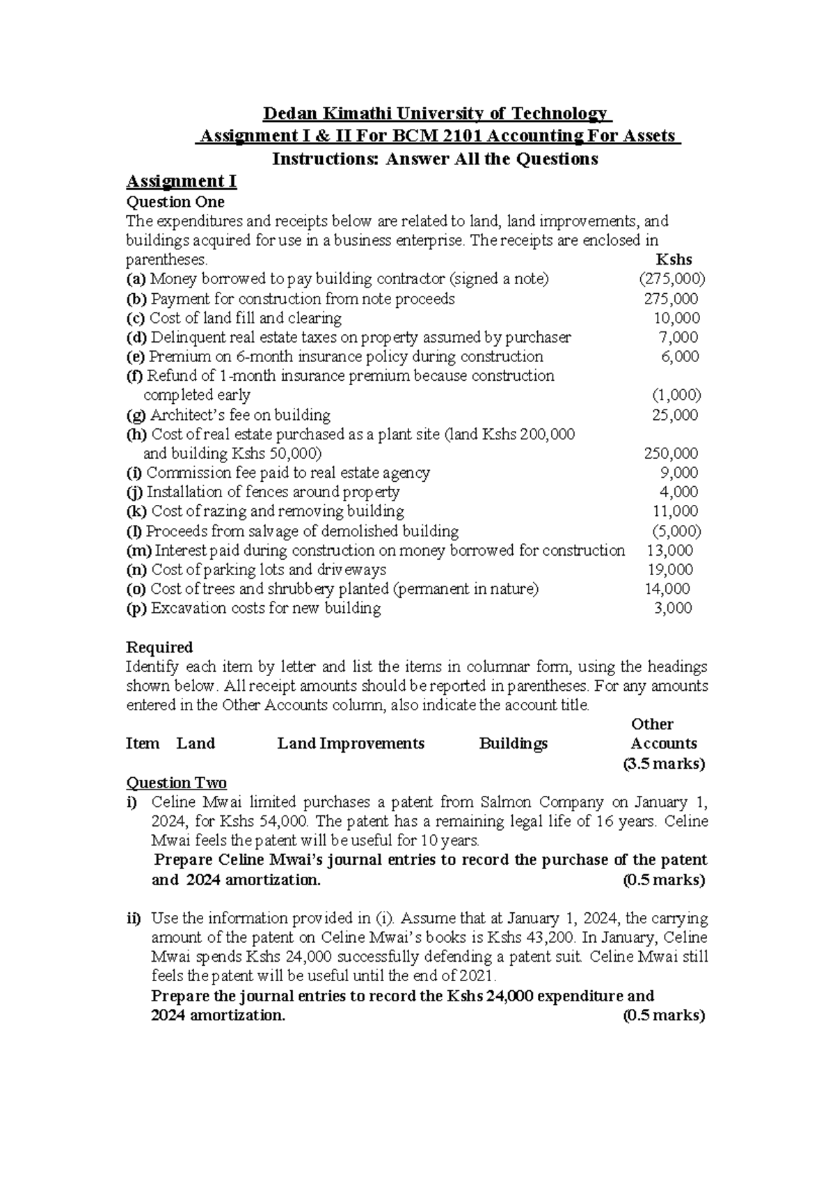 AFA Assignment I & II: Accounting for Assets - BCM 2101 - Studocu