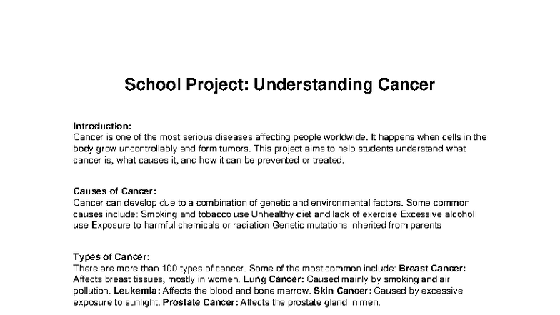 School Project: Understanding Cancer Causes, Types, and Treatments ...