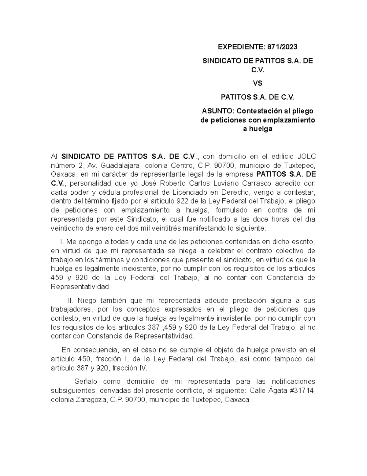 Contestación al Pliego de Peticiones - JOLC - Caso Patitos S.A. - Studocu