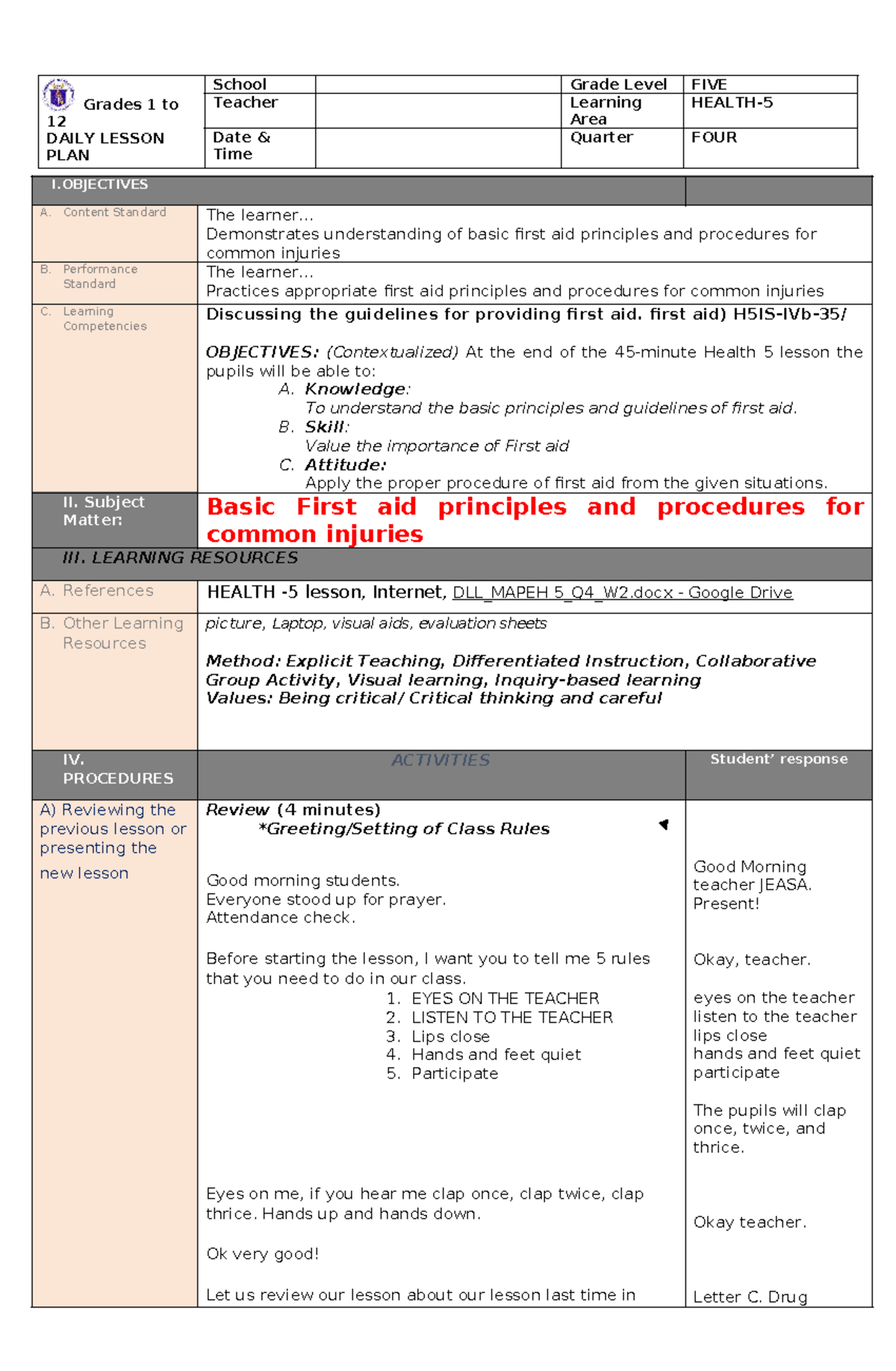 Grade 5 Health Daily Lesson Plan: First Aid Principles - Q4 - Studocu