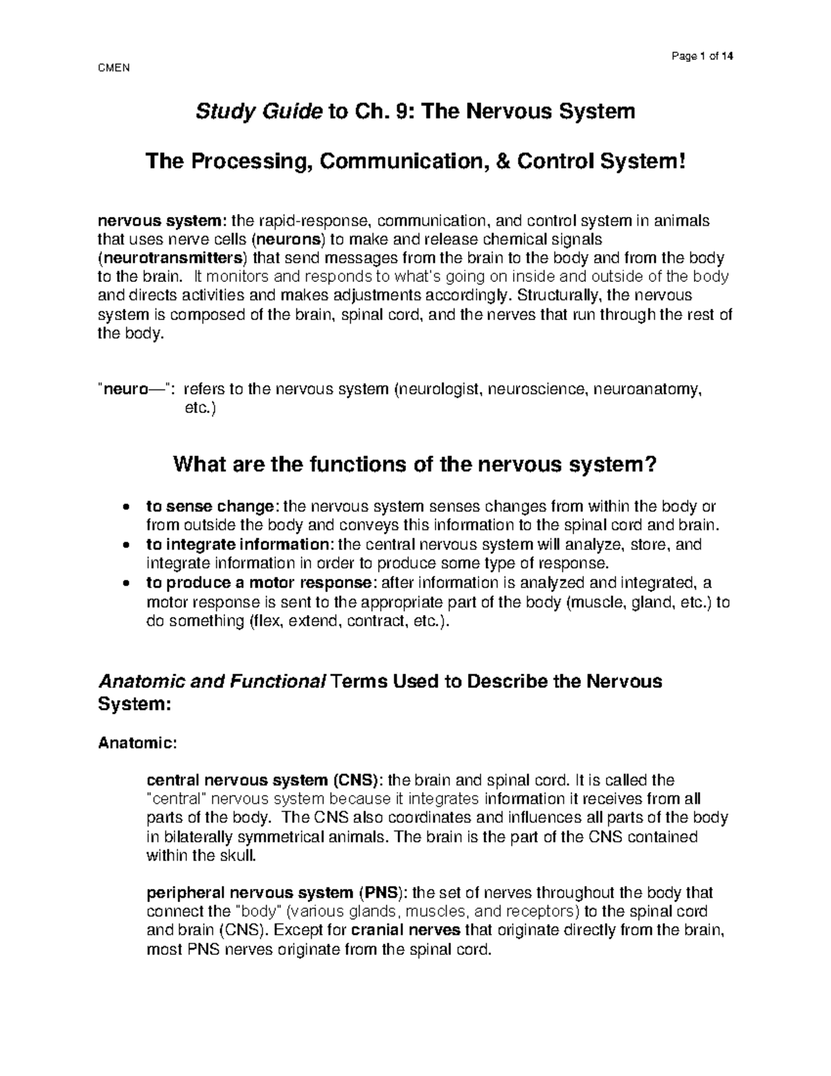 Study Guide to CMEN 9: The Nervous System Structure & Function - CMEN ...
