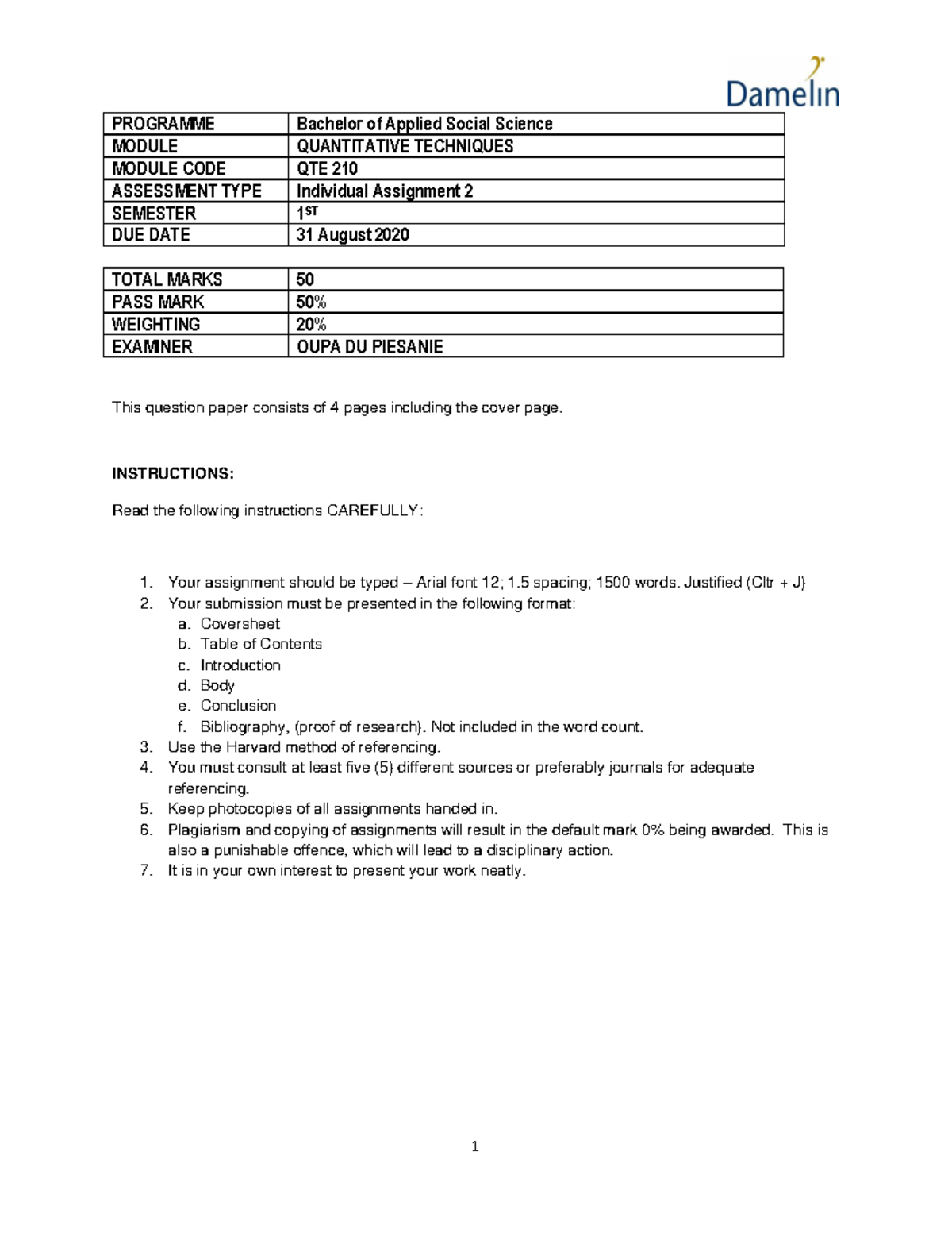 Individual Assignment 2: QTE 210 - Quantitative Techniques Analysis - Studocu