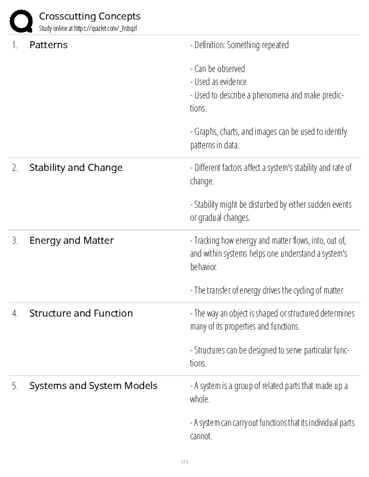 Crosscutting Concepts Study Guide for SCI101: Patterns, Systems, and ...