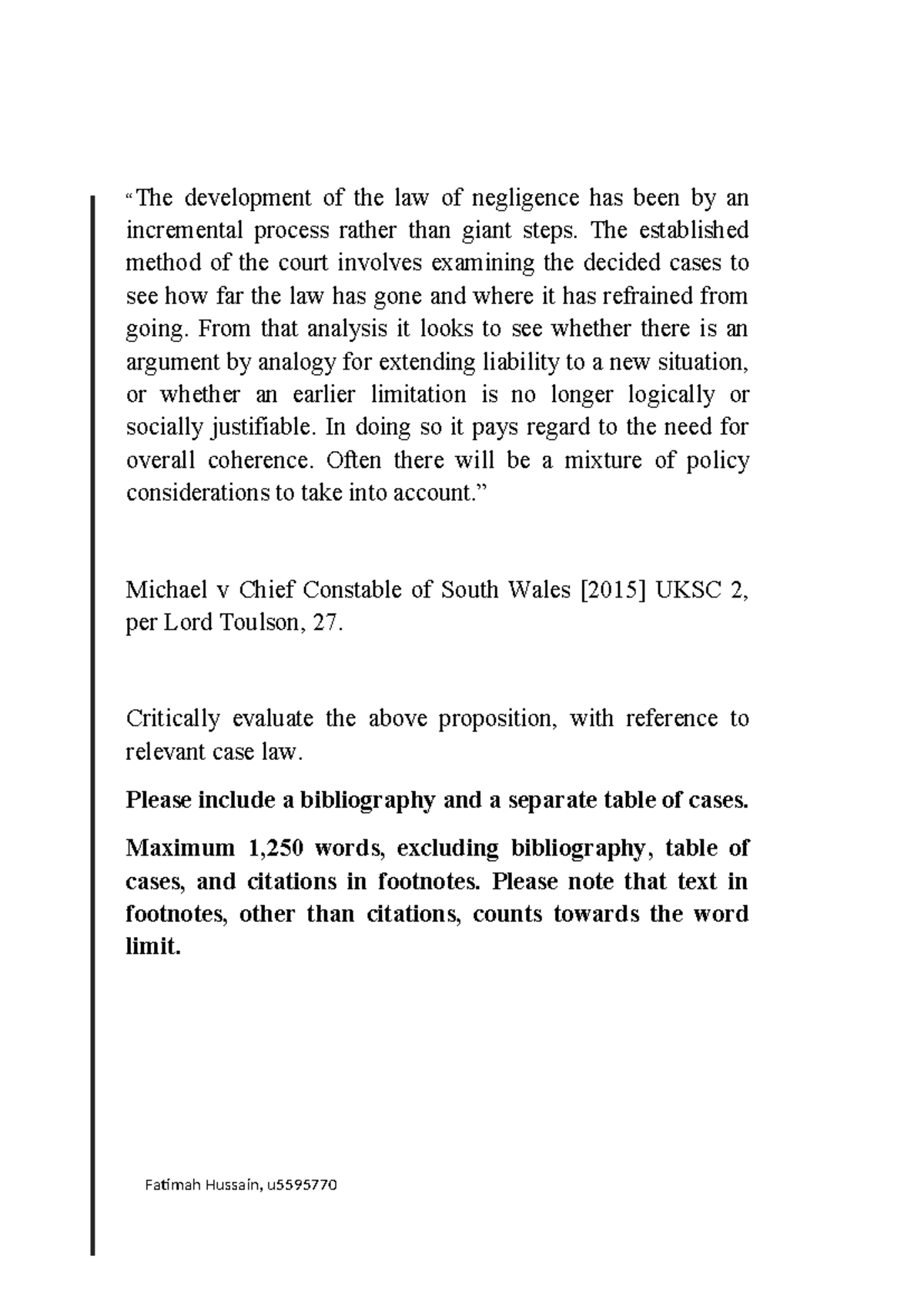 Formative Essay - Critical Analysis of Lord Toulson in Michael v CCSW ...