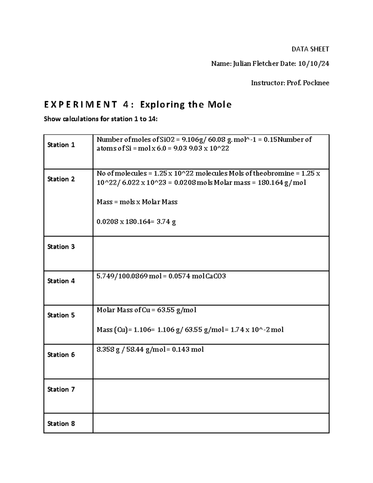 CHM1045 L Exp 4: Mole Calculations and Data Sheet - Studocu
