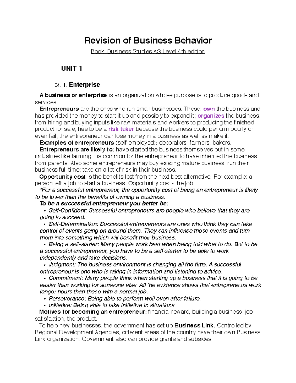 Business Behavior Study Notes: AS Level Business Studies Unit 1 Chapter ...
