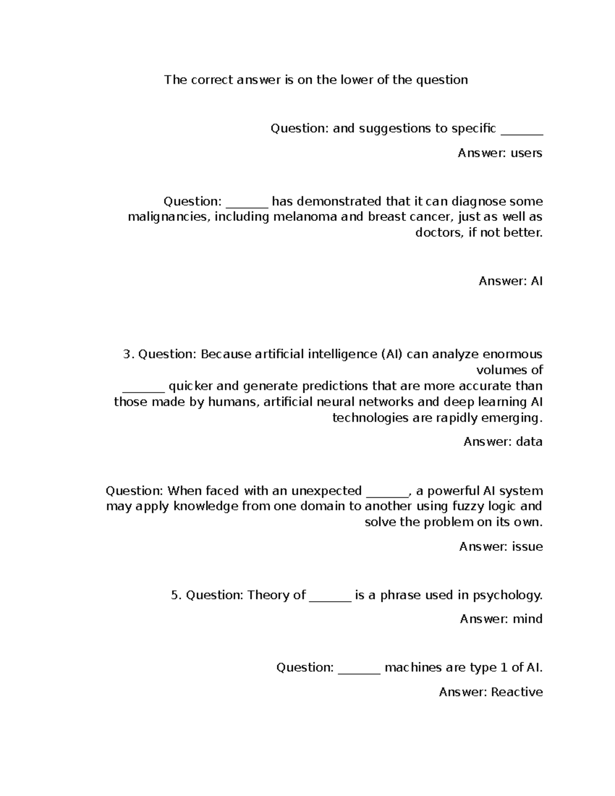 Quiz Answer Key for AI Concepts (Course Code: AI101) - Studocu