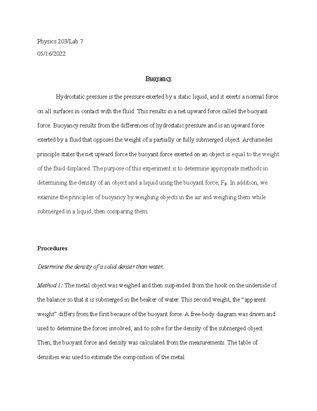 PHY203 GH2 Lab7 Buoyancy - Physics 203/Lab 7 05/16/ Buoyancy ...