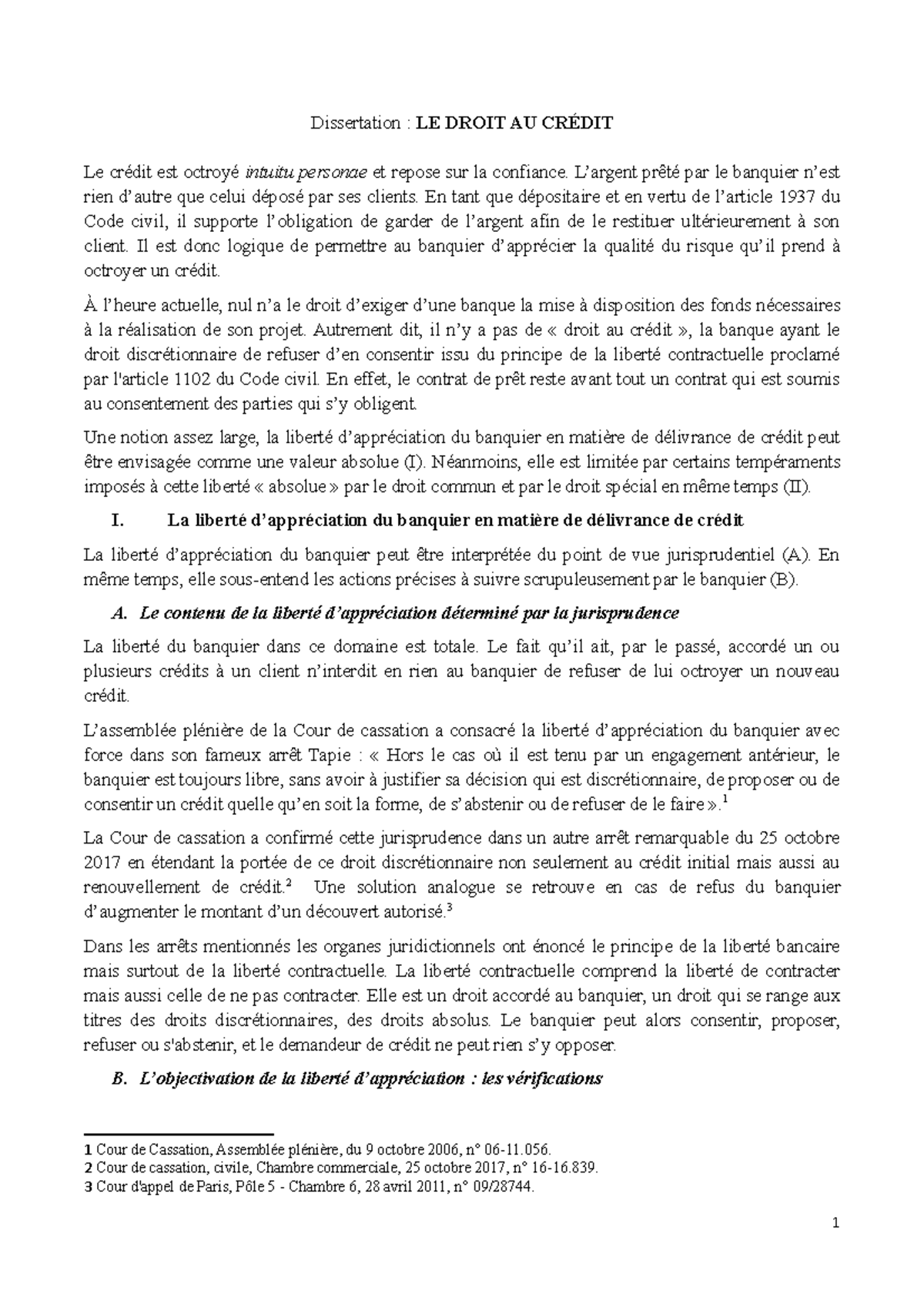 Dissertation: Le Droit au Crédit en Droit Français - Studocu