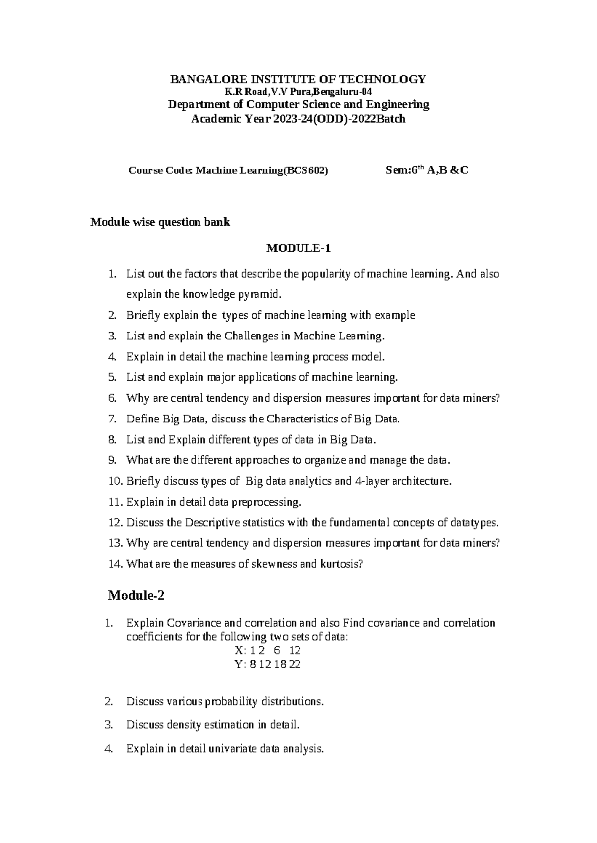 Machine Learning (BCS602) Sem 6: Comprehensive Question Bank - Studocu