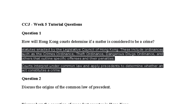 CCJ 2024 Week 5 Tutorial Questions on Crime and Law - Studocu