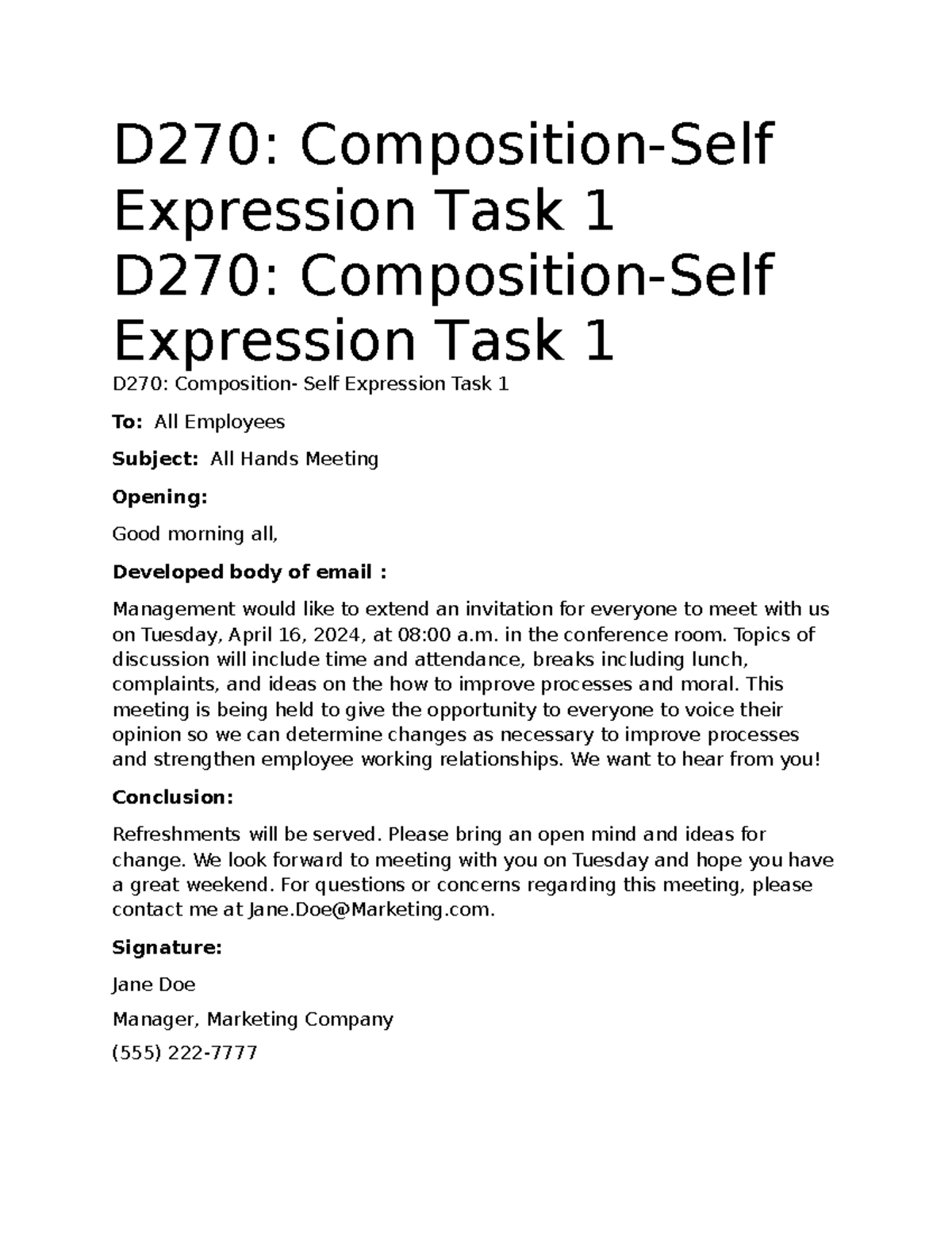 Task 1 Email - D270: Composition-Self Expression Task 1 D270 ...