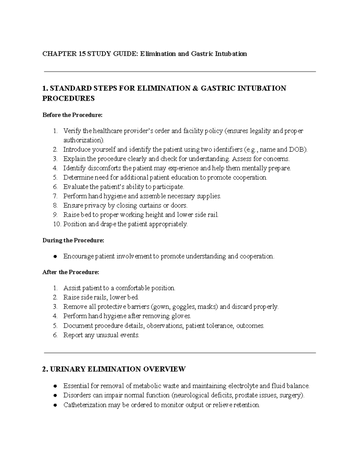 CHAPTER 15 STUDY GUIDE: Elimination & Gastric Intubation Procedures - Studocu