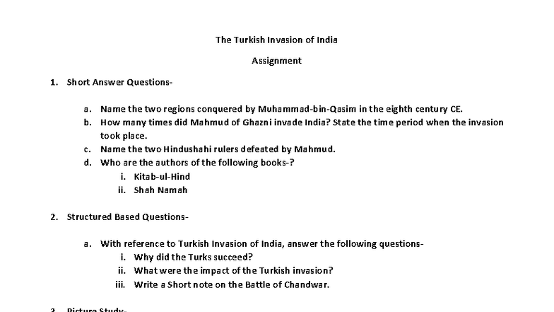 Turkish Invasion of India - Assignment 1 Short Answer & Questions - Studocu