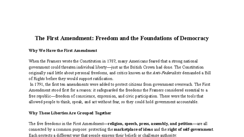 The First Amendment: Key Freedoms and Supreme Court Cases - Studocu