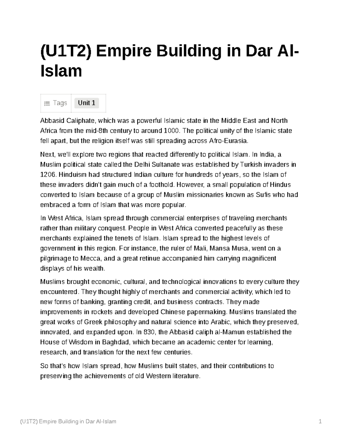 (U1T2) Empire Building & Cultural Diffusion in Dar Al-Islam - Studocu