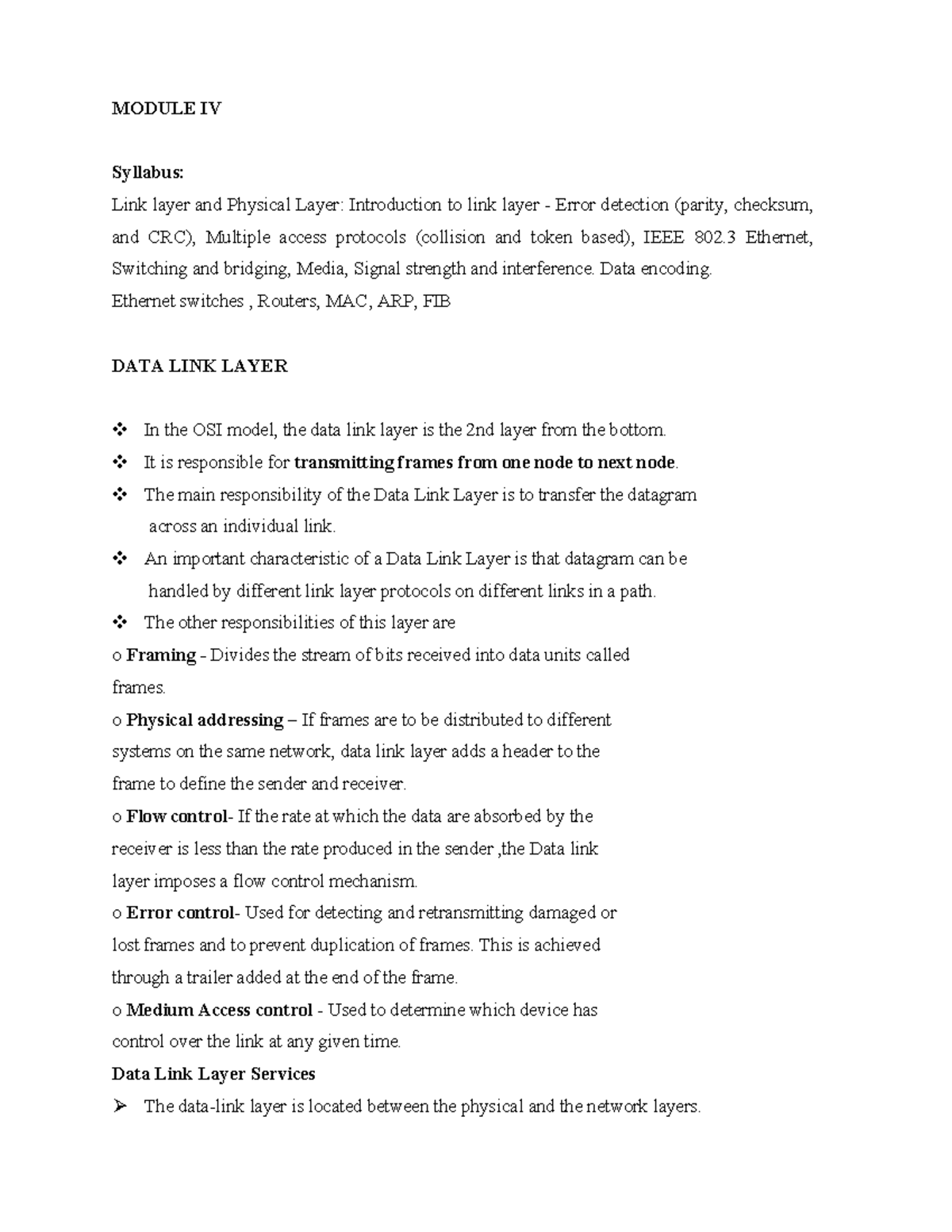 MODULE IV Syllabus: Data Link Layer & Error Detection Techniques - Studocu