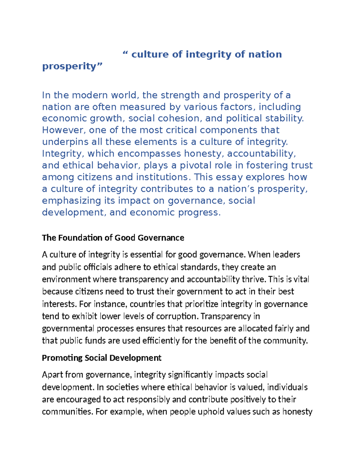 Culture of Integrity and National Prosperity: Key Insights on ...