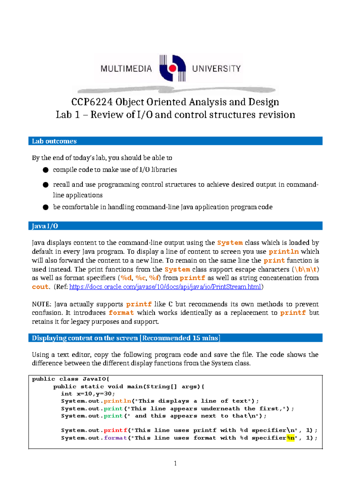 Lab 01 IO and control structures revision - CCP6224 Object Oriented Analysis and Design Lab 1 ...