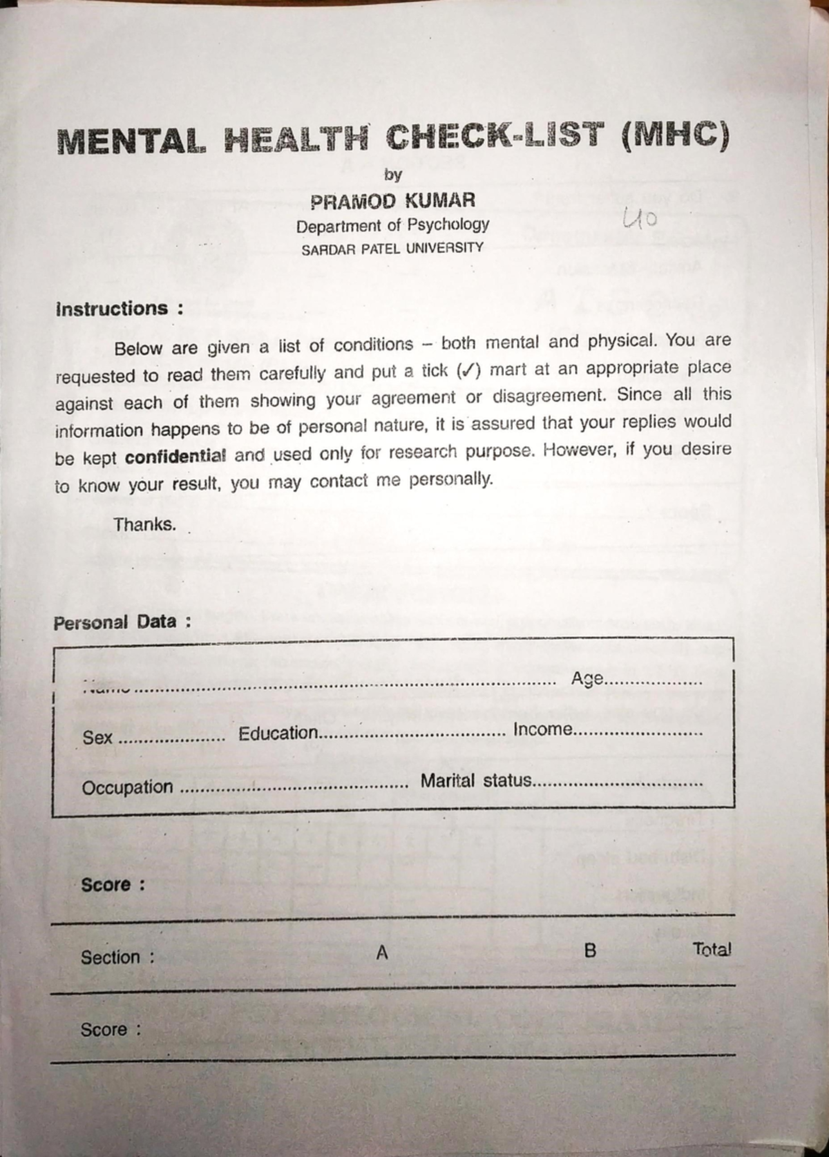 MHC Essentials: Mental Health Checklist by Pramod Kumar - Studocu