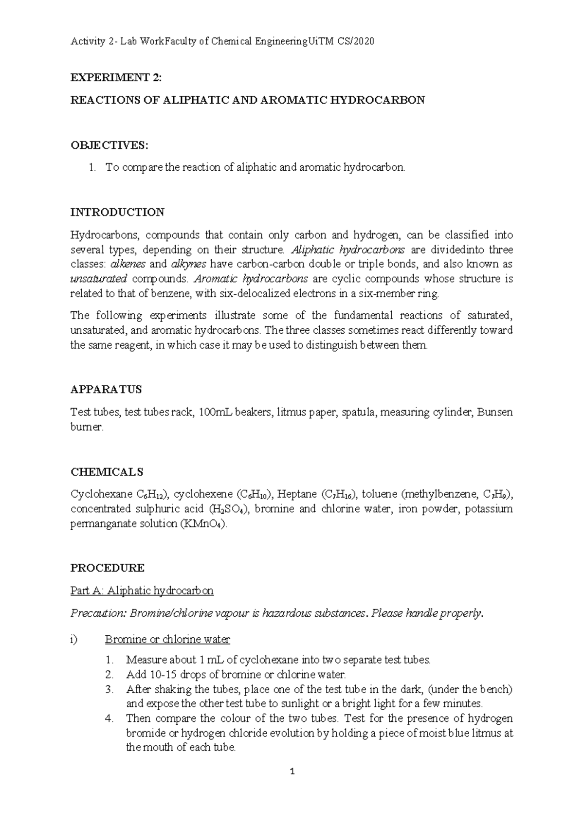 Experiment 2: Reactions of Aliphatic & Aromatic Hydrocarbons Lab Manual ...