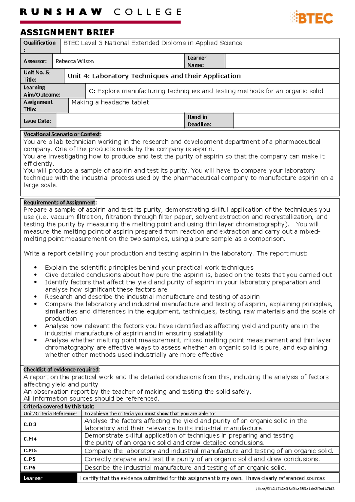 Unit 4 Assignment 4: Making and Testing Aspirin Purity in Lab - Studocu