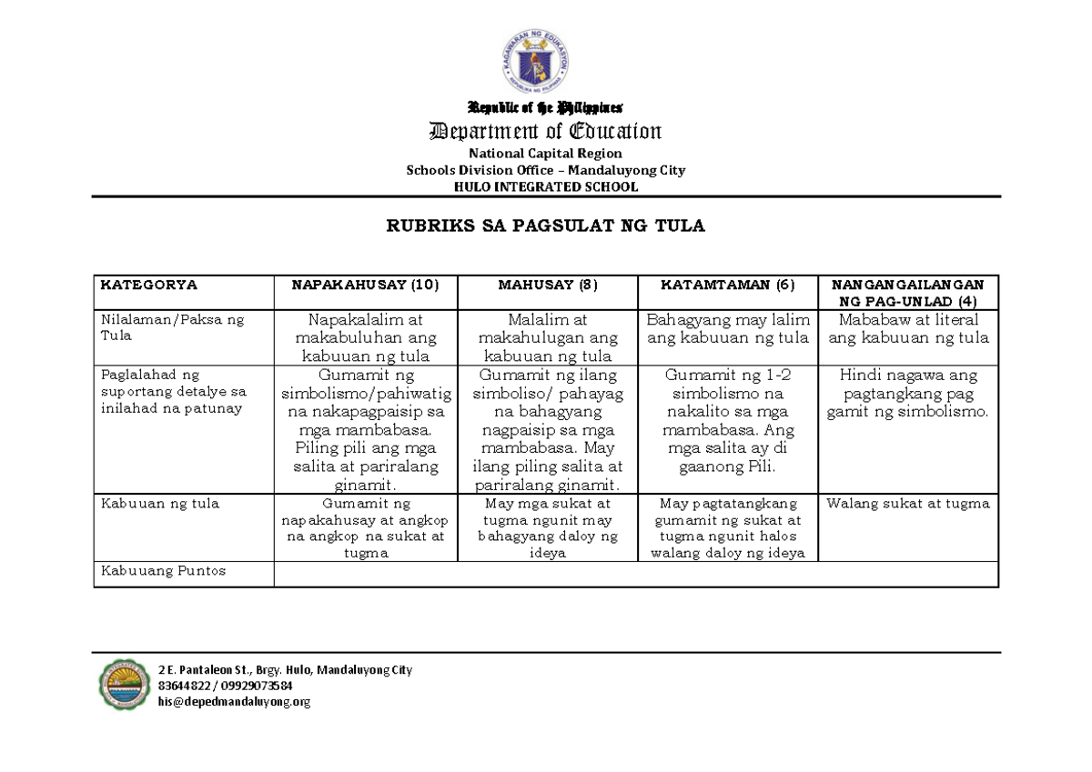 Rubriks sa Pagsulat ng Tula: Mga Kategorya ng Pag-evaluate - Studocu