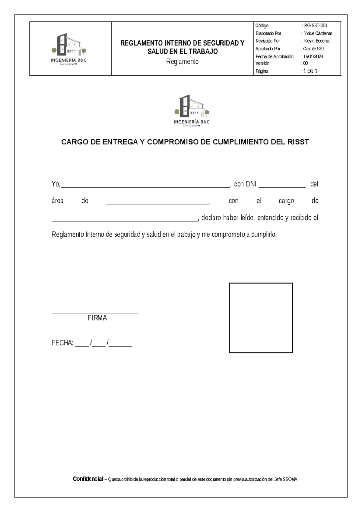 Cargo DE Entrega Y Compromiso DE Cumplimiento DEL Risst - REGLAMENTO INTERNO DE SEGURIDAD Y ...