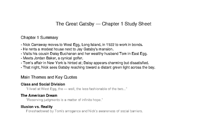 Gatsby (ENG 101) Chapter 1 Study Sheet & Summary - Studocu