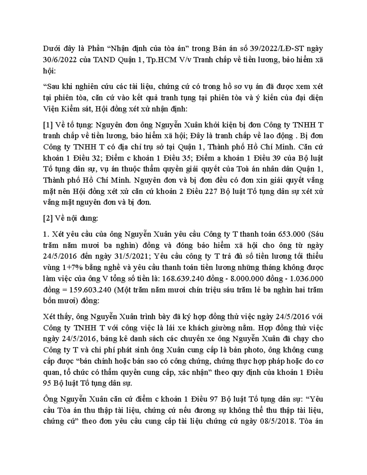 Thảo luận 1 - Luật Lao Động: Phân Tích Bản Án TAND Quận 1 - Studocu
