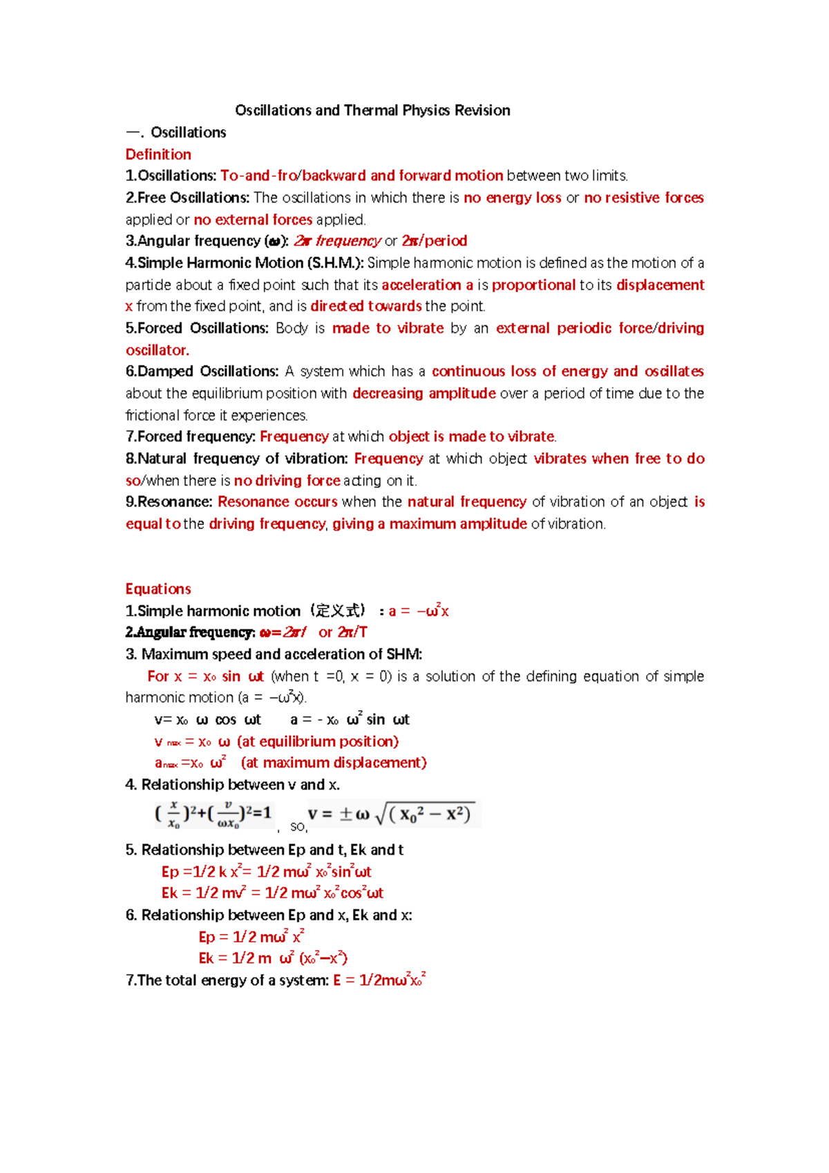Oscillations and Thermal Physics Revision Notes (Course Code: PHYS101 ...