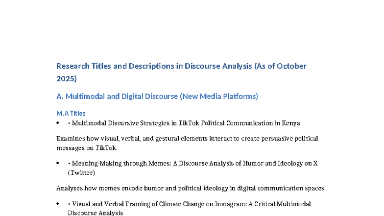 Discourse Analysis Research Titles and Descriptions (2025) - Studocu
