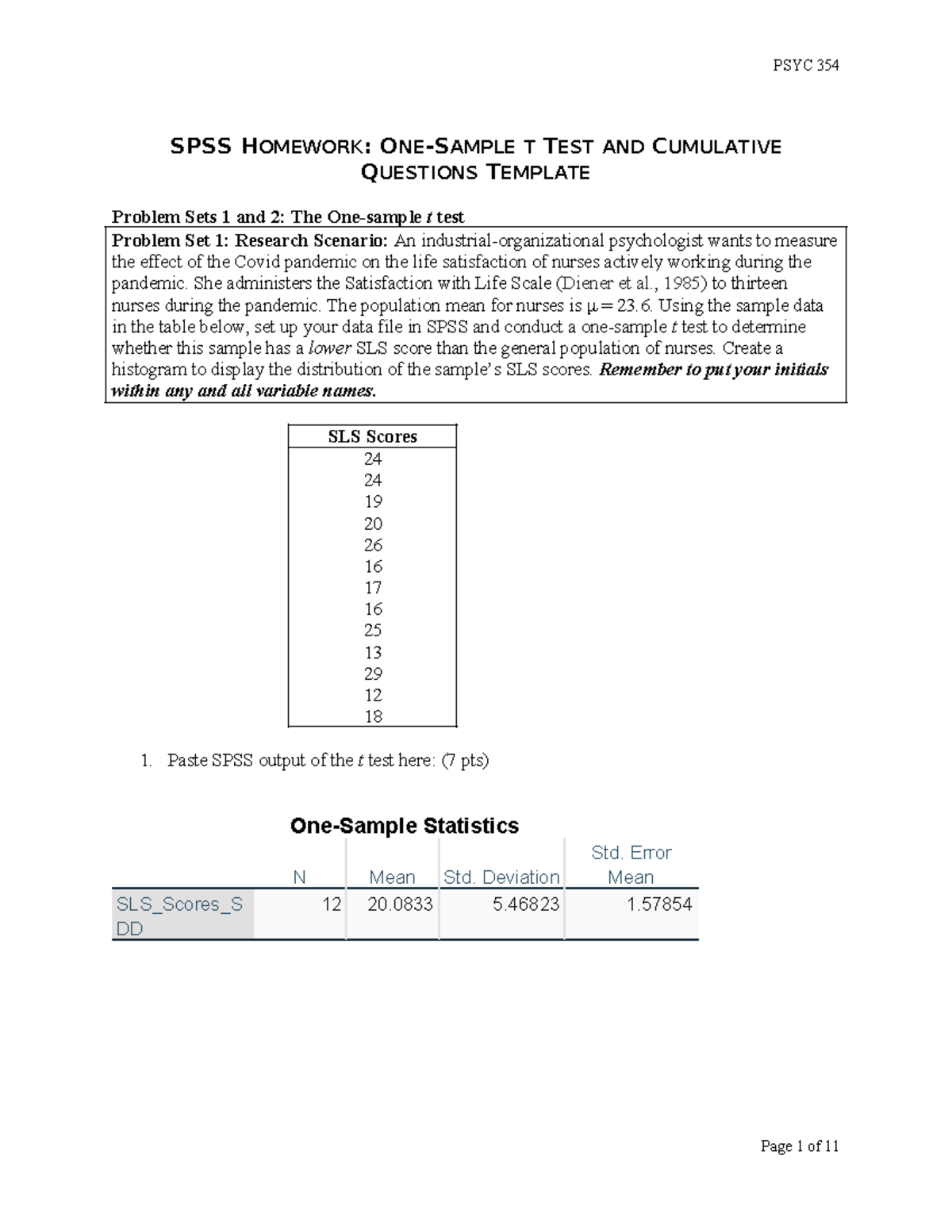 SPSS Homework: One-Sample t Test & Cumulative Questions (Psych 101 ...