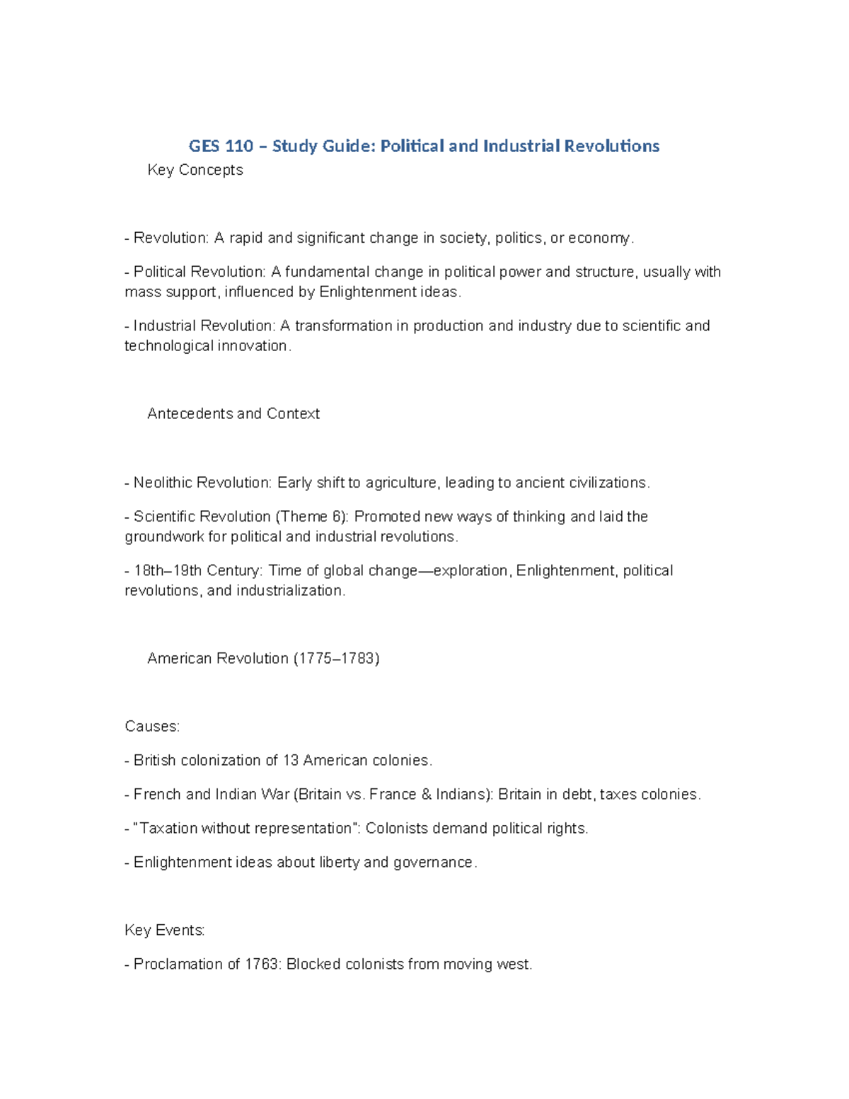 GES 110 Study Guide: Key Concepts of Political and Industrial ...