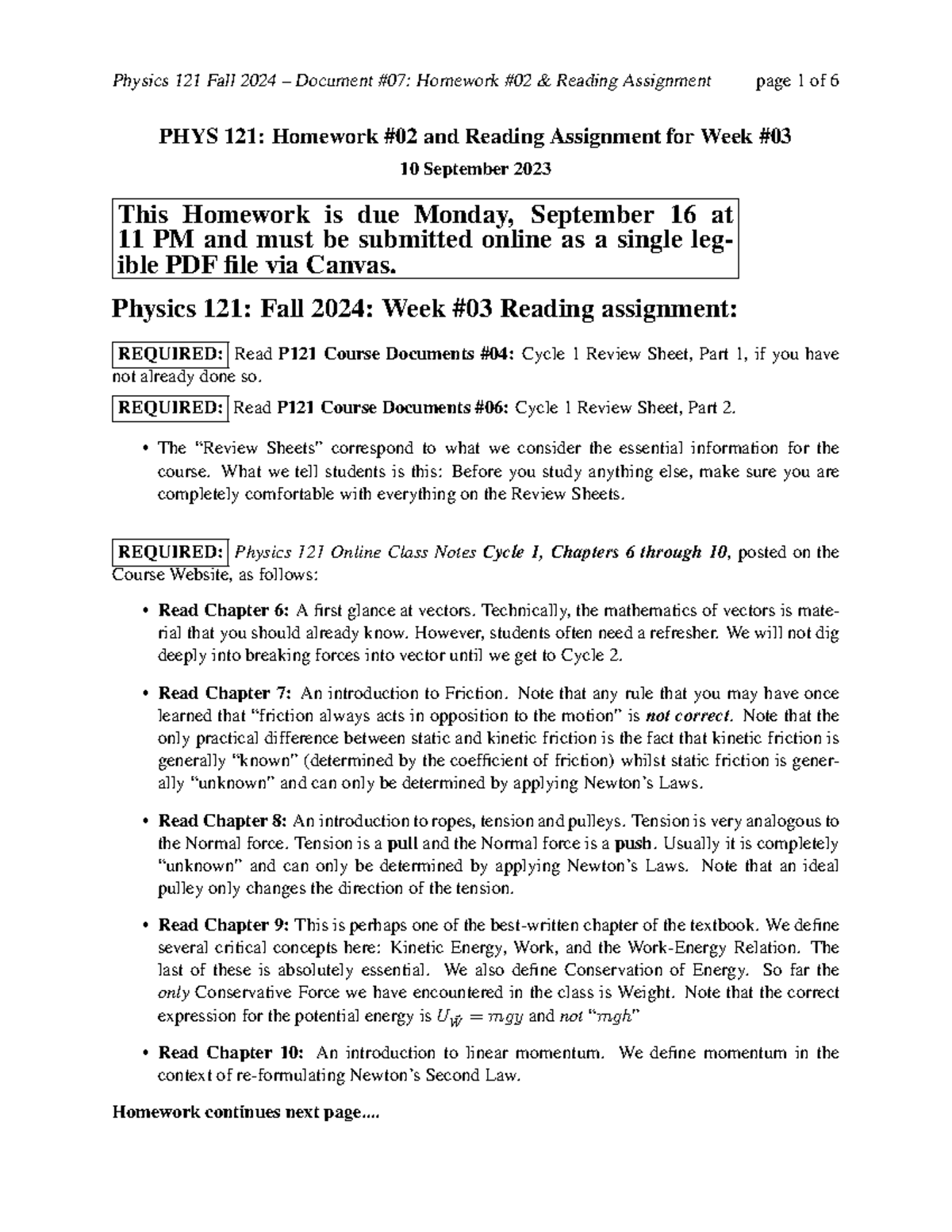 PHYS 121: Homework #02 Due Sept 16, 2024 - Key Reading & Problems - Studocu