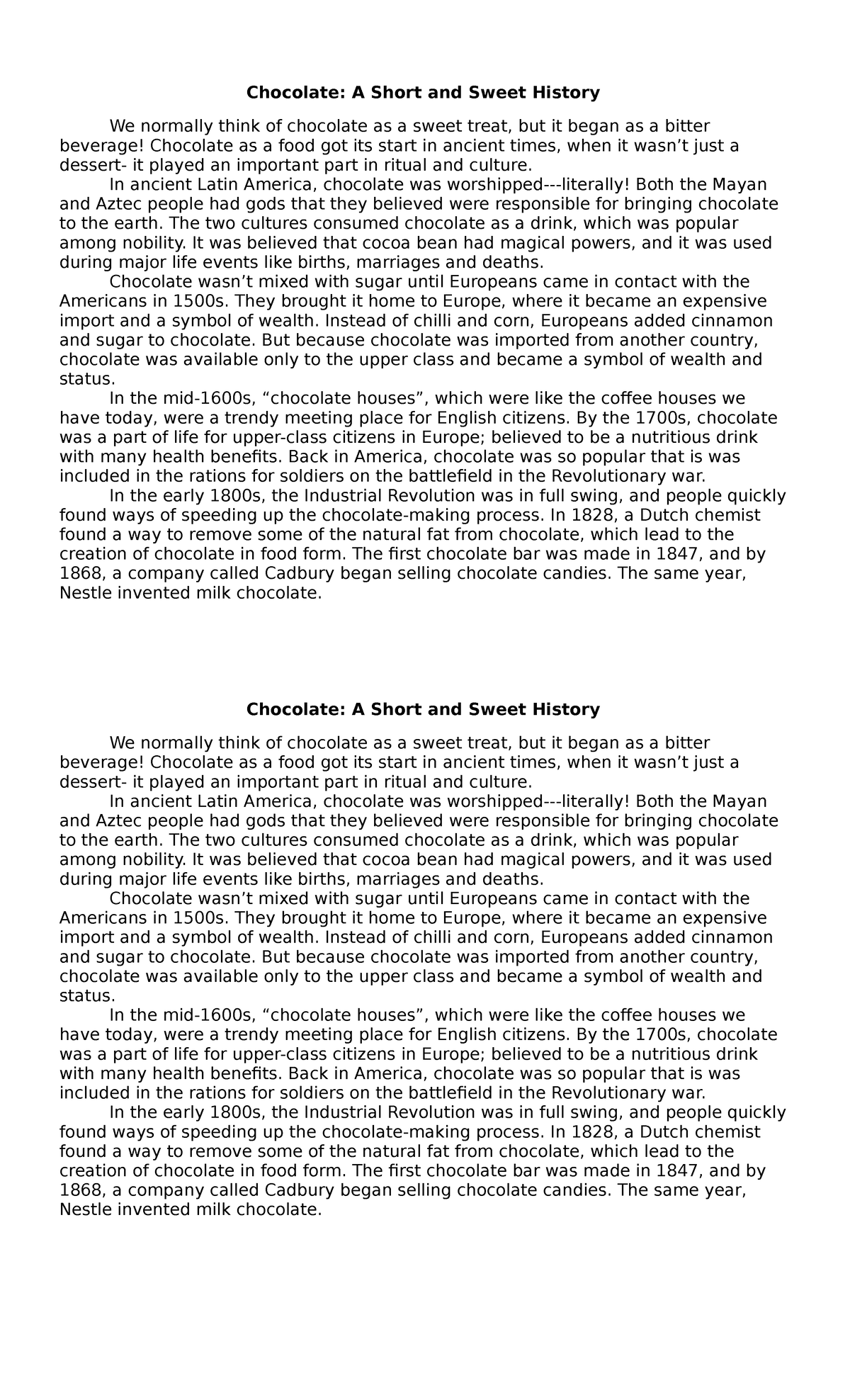 HIST 101 - A Sweet Journey: The Cultural History of Chocolate - Studocu