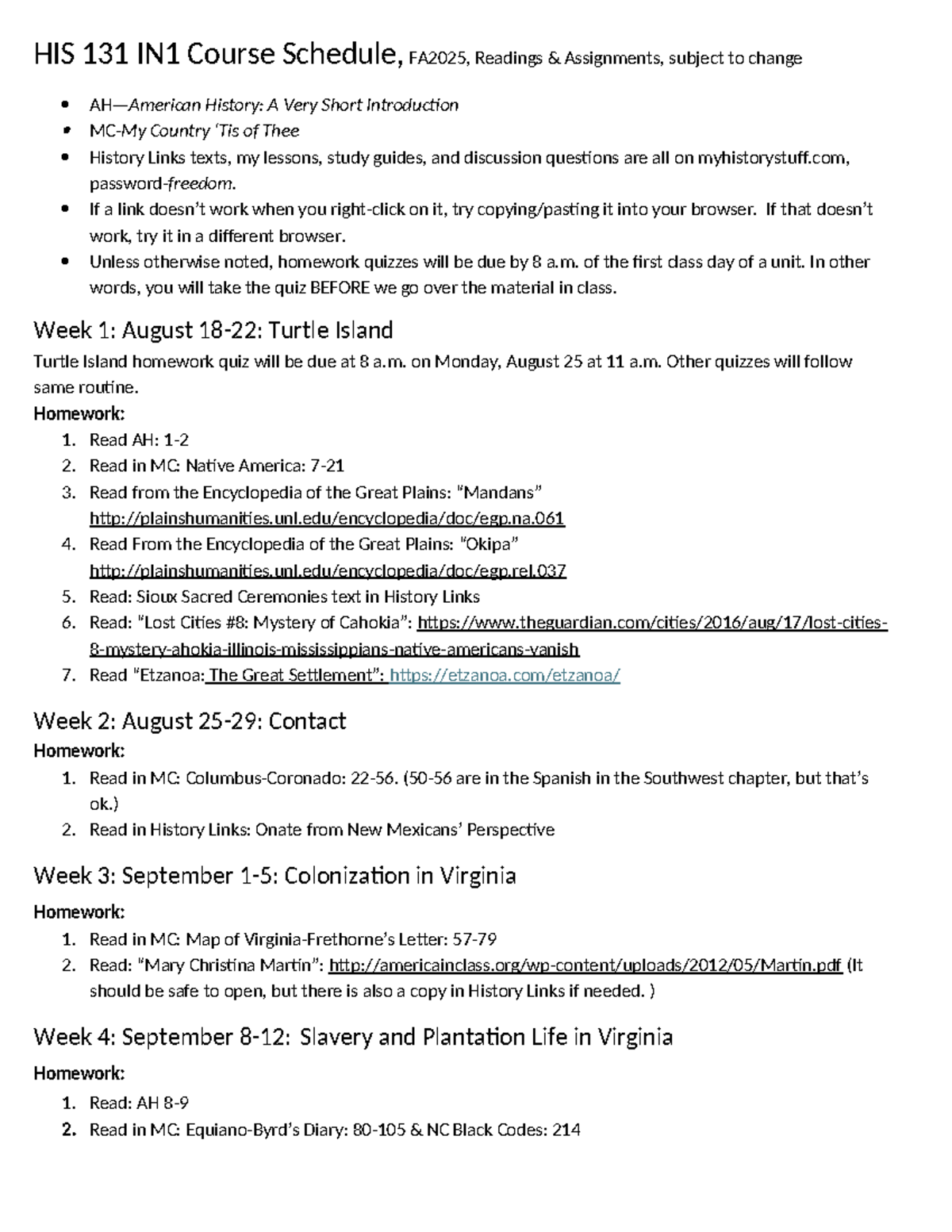 2025FA HIS 131 IN1 Course Schedule & Reading Assignments - Studocu
